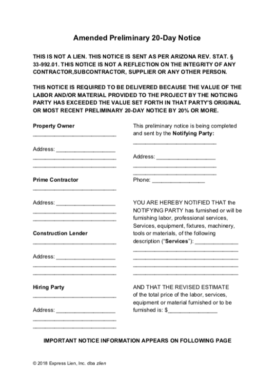 Arizona Amended Preliminary Notice Form | Free Download