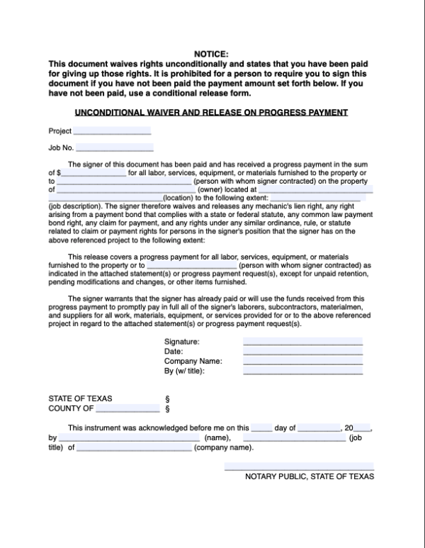 Texas Partial Unconditional Lien Waiver Form | Free Template Texas Partial Unconditional Lien Waiver Form | Free Template